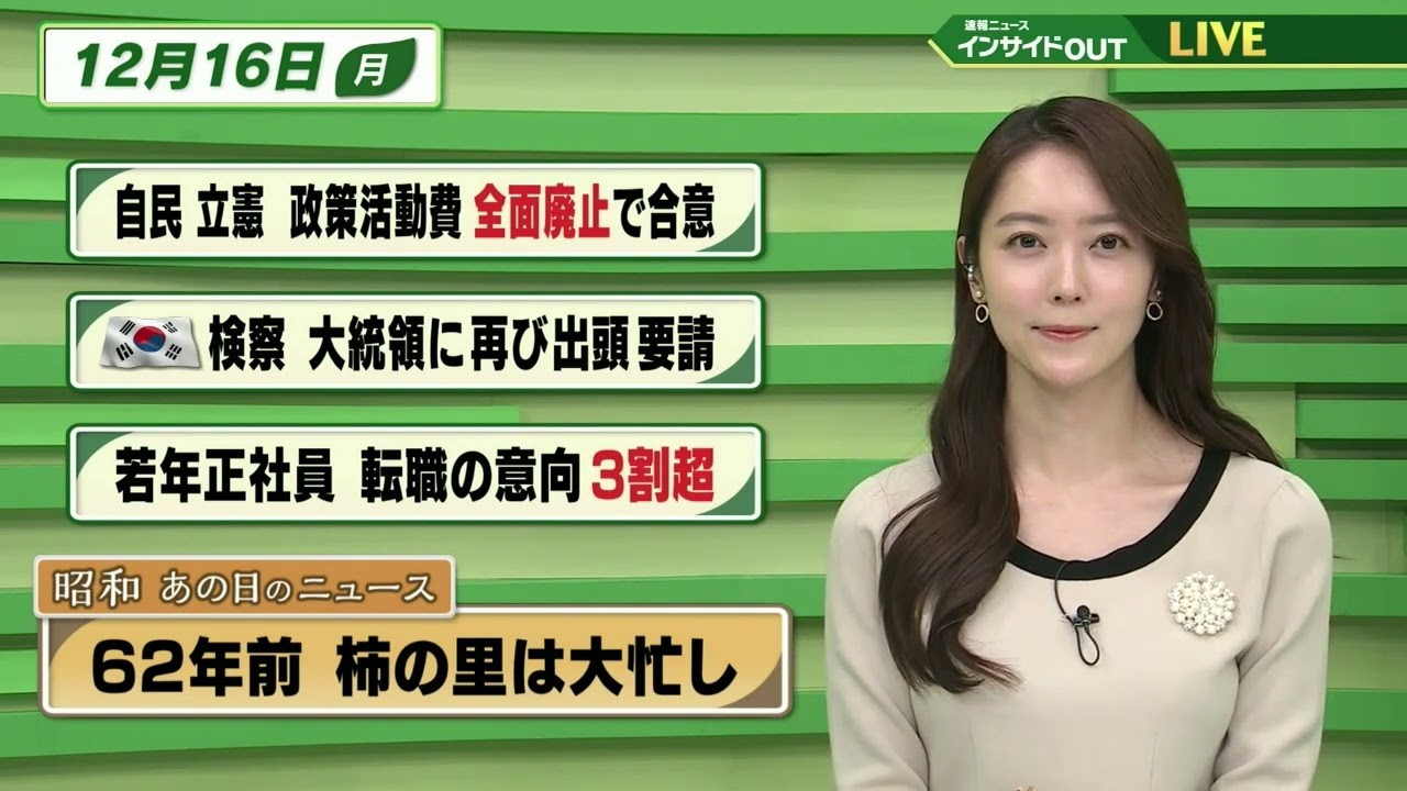【今日のニュース 12月16日】「自民 立憲 政策活動費 全面廃止で合意」「韓国 検察 大統領に再び出頭要請」「若年正社員 転職の意向3割超」「昭和あの日のニュース 62年前・柿の里は大忙し ...